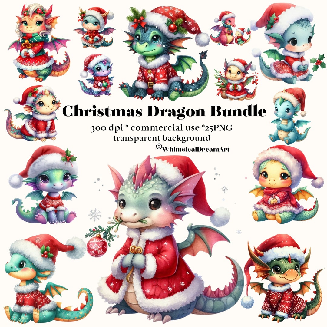 25 Watercolor Cute Christmas Fantasy Dragon Clipart, Baby Dragon PNG ...
