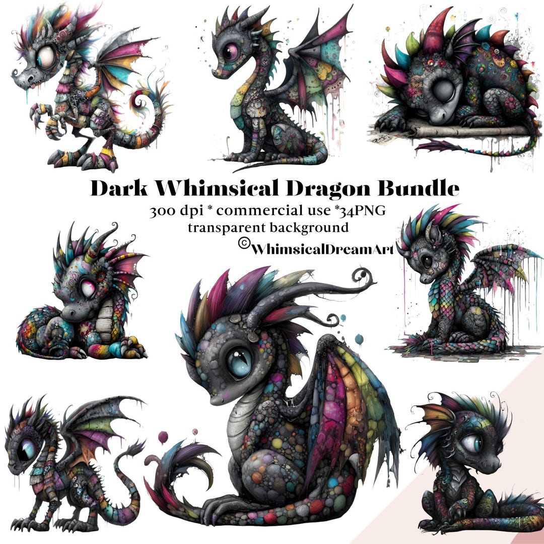 34 Fantasy Dragons Clipart Bundle, Whimsical Dragon, Dark Fantasy PNG ...
