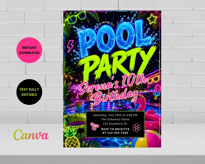 Neon Pool Party Invitation | Glow Summer Birthday Invite (digital ...