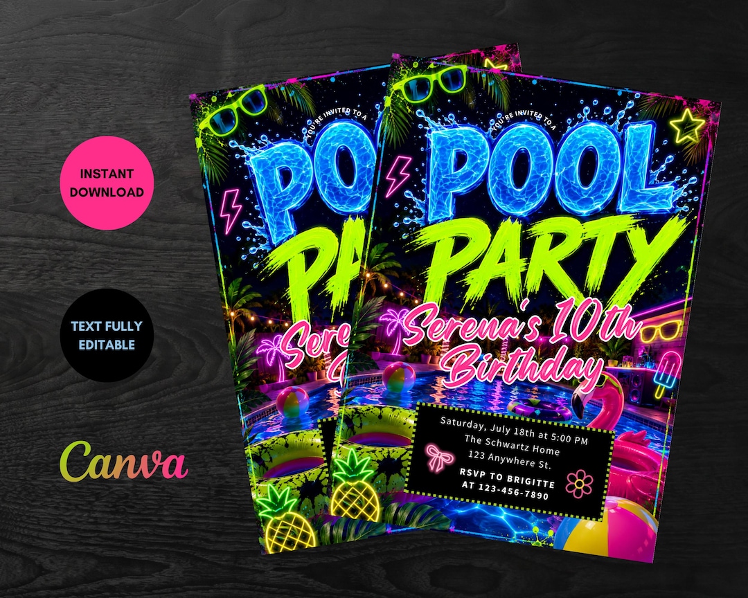 Neon Pool Party Invitation | Glow Summer Birthday Invite (digital ...