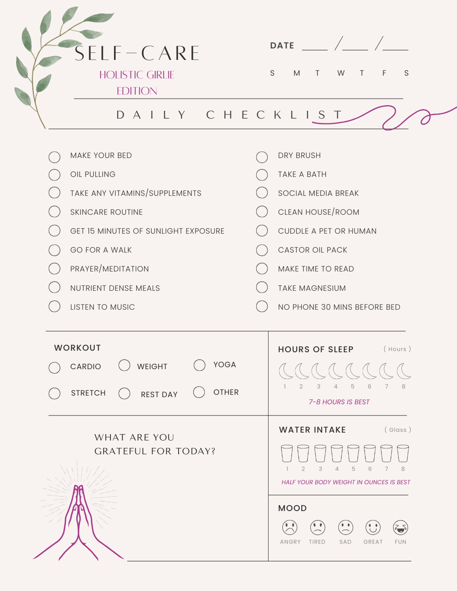 Self-care Check List, Instant Download, Daily Planner, Holistic Health ...