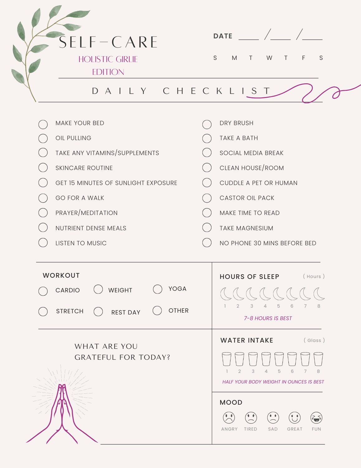 Self-care Check List, Instant Download, Daily Planner, Holistic Health ...