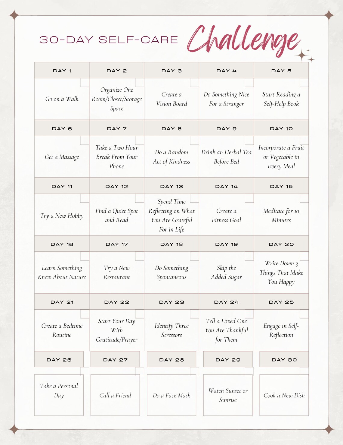 30 Day Self Care Challenge, Instant Download. - Etsy