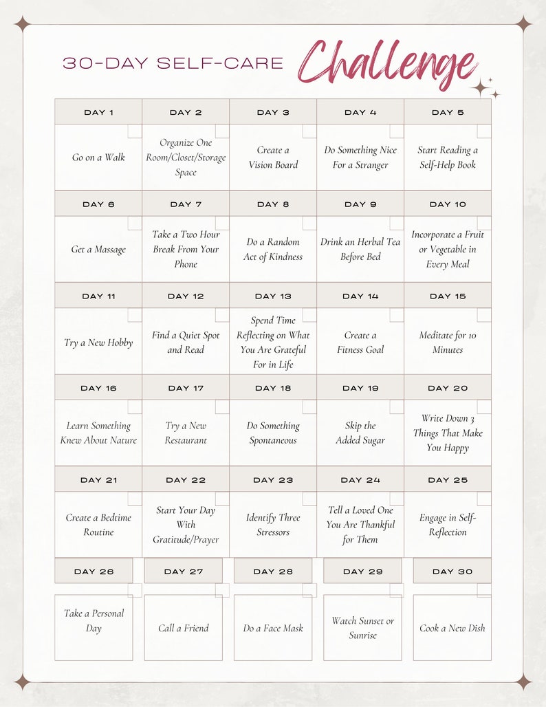 30 Day Self Care Challenge, Instant Download. - Etsy