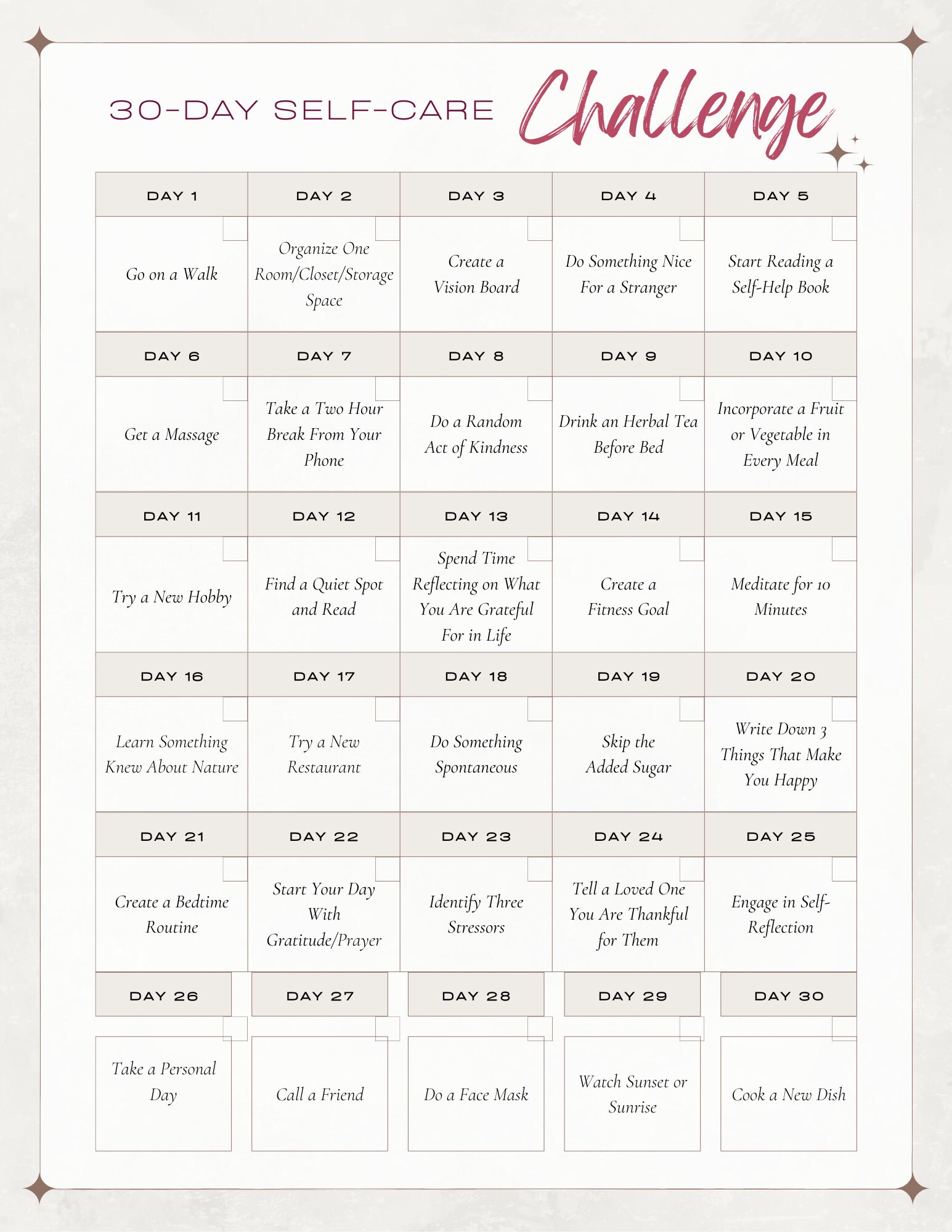 30 Day Self Care Challenge, Instant Download. - Etsy