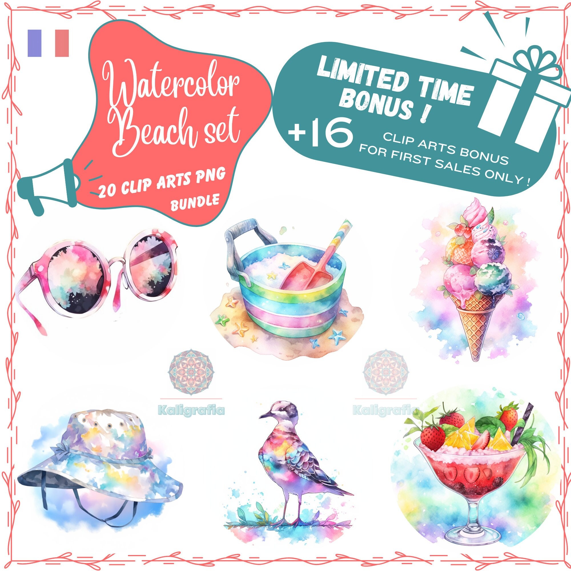 Watercolor Beach Set Clipart Bundle 20 Unique HQ Clip Arts Png - Etsy