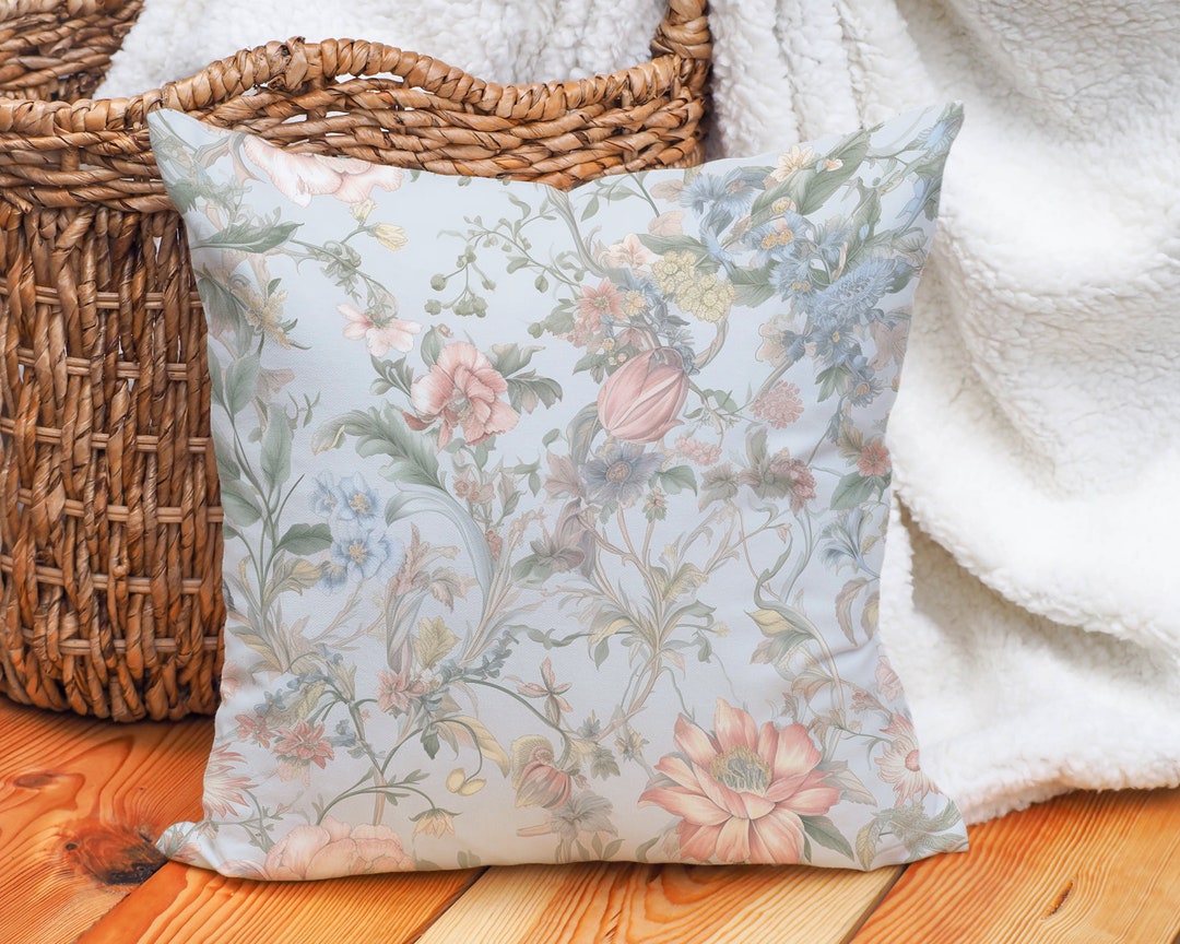 Whimsical Jacobean Floral Pillow, Soft Lavender Ivory Sky Blue, Light ...