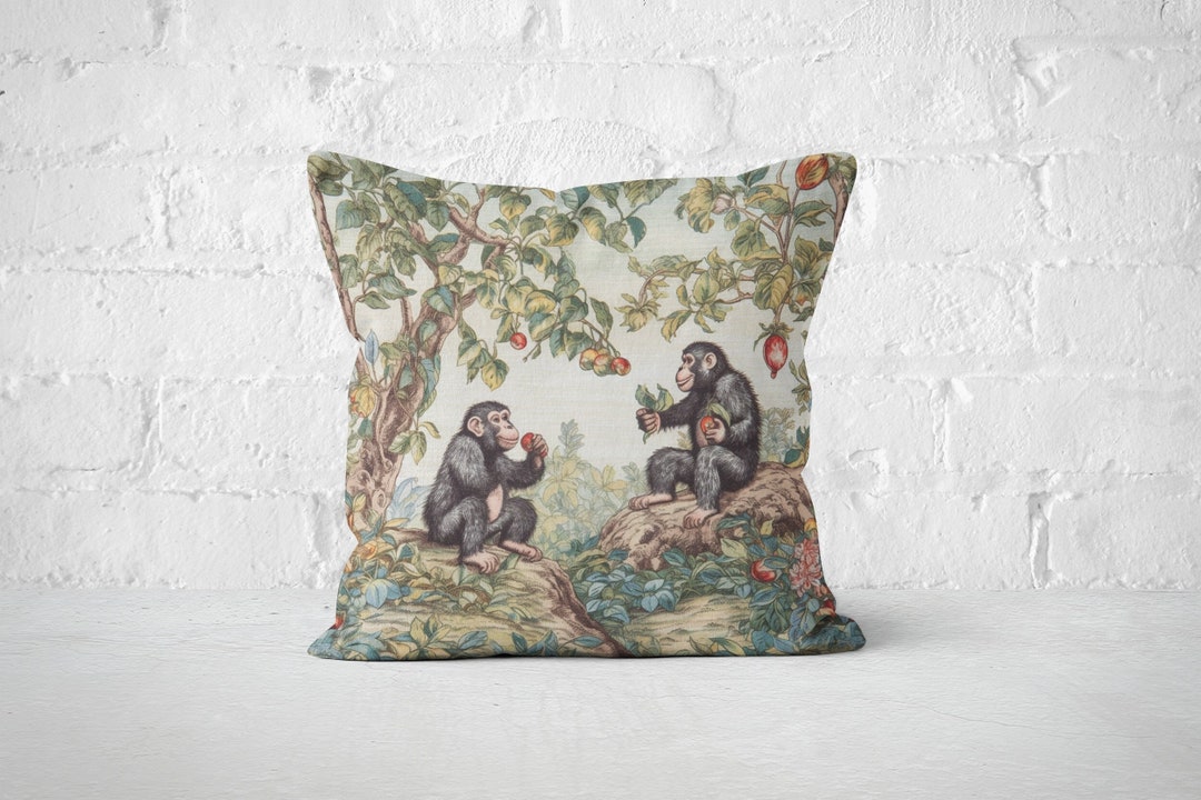 Chimpanzee Friends Pillow, Sharing Fruits, Enchanting Forest, Whimsical ...