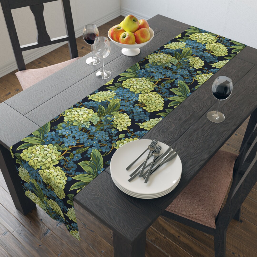 Blue Hydrangeas Floral Table Runner, Olive Green Background, Charming ...