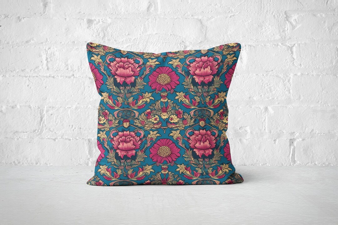 Peacock Blue & Raspberry Pink Floral Pillow Cover, William Morris Style ...