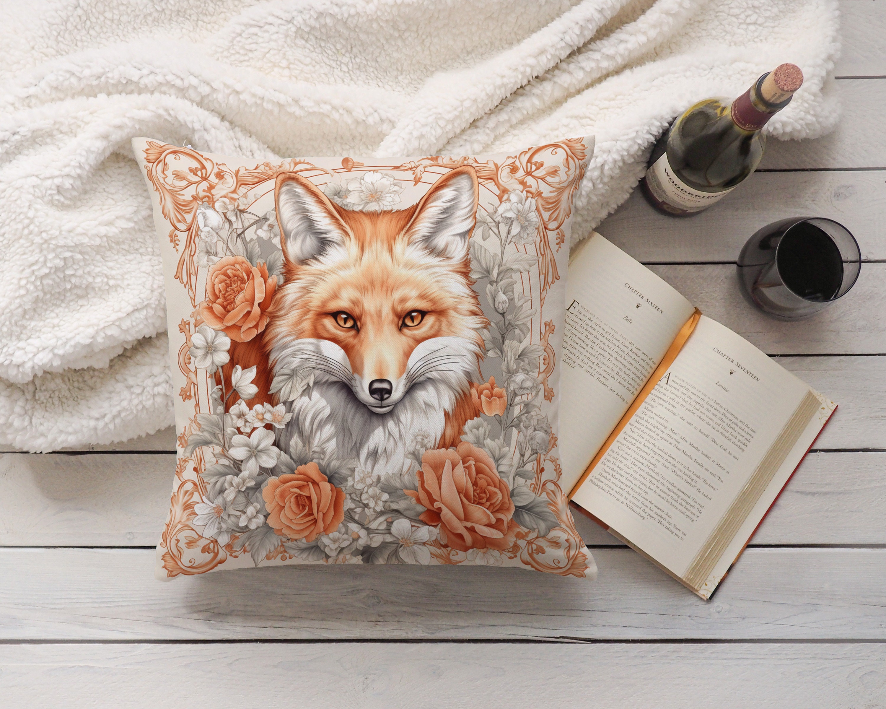 Red Fox Pillow William Morris Inspired, Orange Floral Theme, Fox Lovers ...