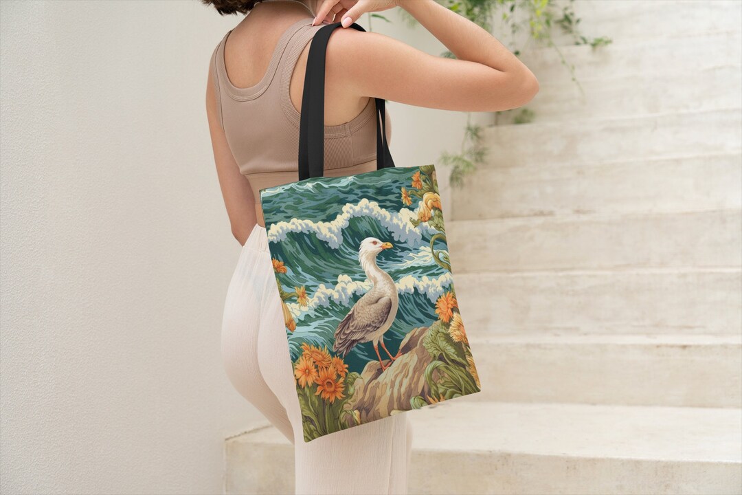 Whimsical Seagull Tote Bag William Morris Inspired, Ocean Wave Design ...