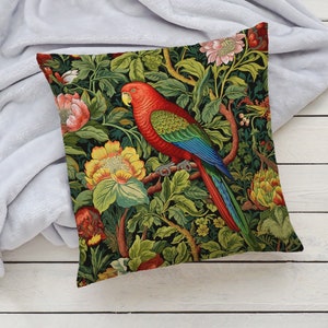 Tropical Parrot Pillow William Morris Inspired, Vibrant Green Forest ...