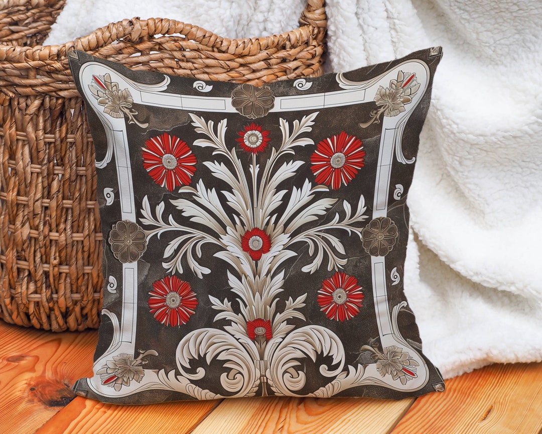 Crimson Flourish Pillow, Baroque Elegance in Bold Red and Espresso ...