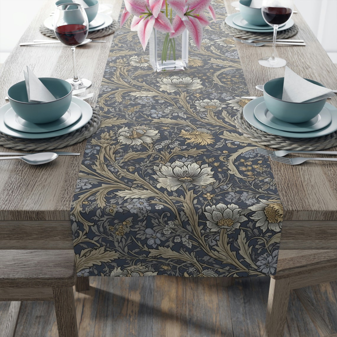 Sapphire Blue & Silver Gray Table Runner, William Morris Inspired ...