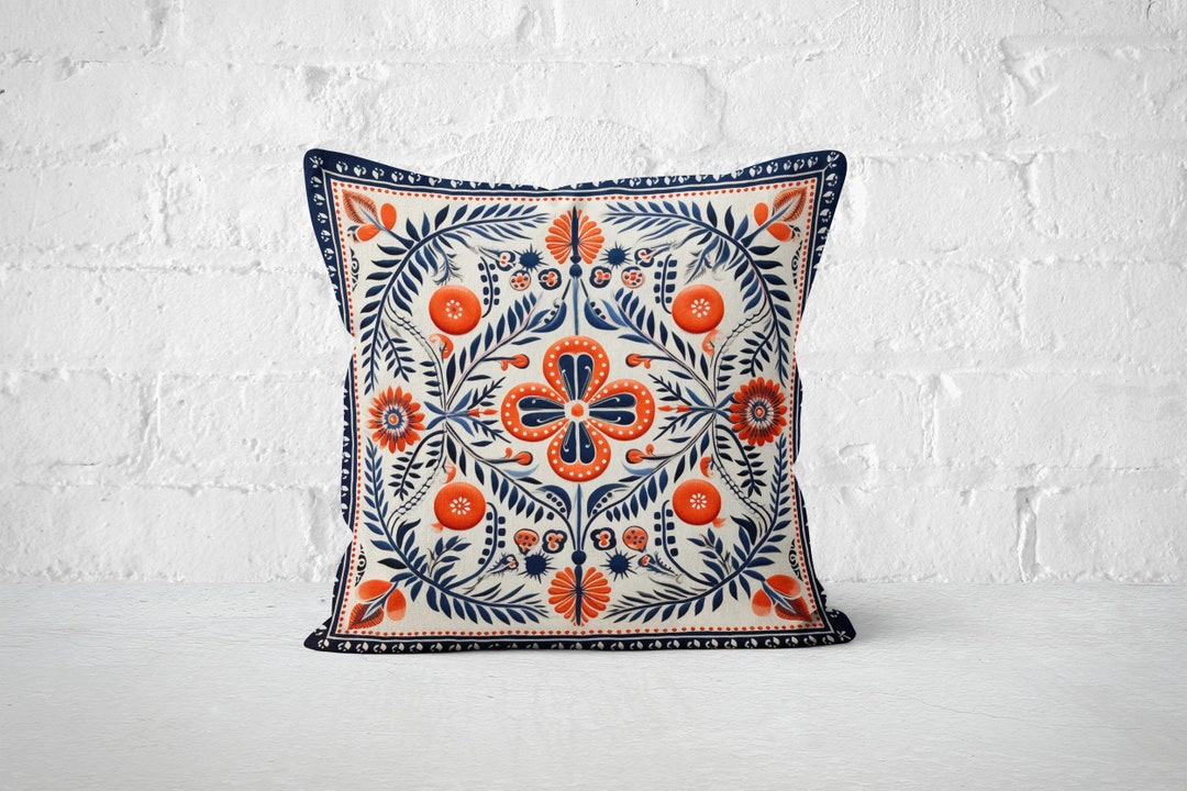 Orange and Blue Folk Art Pillow Case, Cream Accent Cushion Cover ...