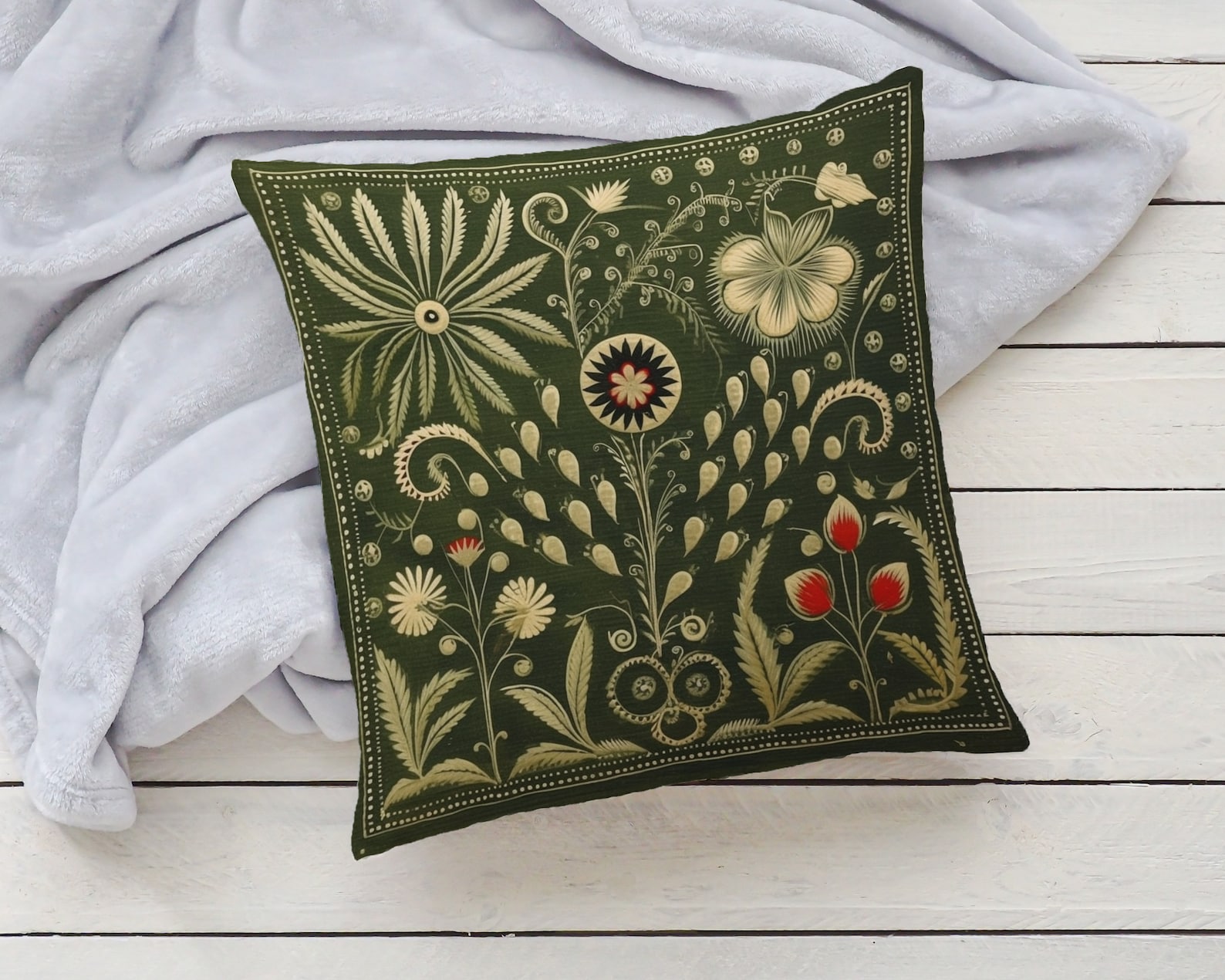 Olive Green Folk Art Pillow, Green Red Floral Summer Woodland Cushion ...