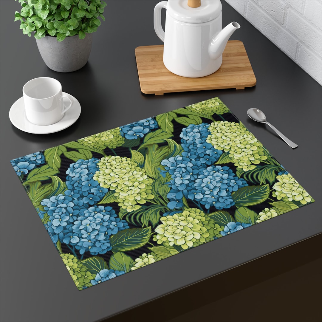 Blue Hydrangea Placemat - Olive Green Floral Design for Dining ...