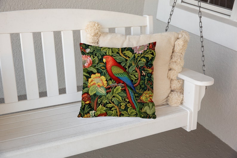 Tropical Parrot Pillow William Morris Inspired, Vibrant Green Forest ...