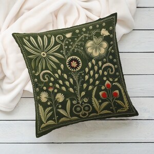 Olive Green Folk Art Pillow Floral Woodland Cushion, Rustic Farmhouse ...