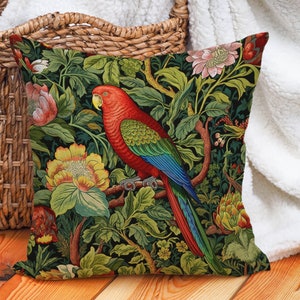 Tropical Parrot Pillow William Morris Inspired, Vibrant Green Forest ...