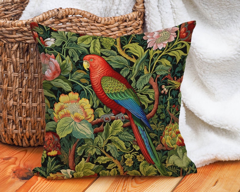 Tropical Parrot Pillow William Morris Inspired, Vibrant Green Forest ...