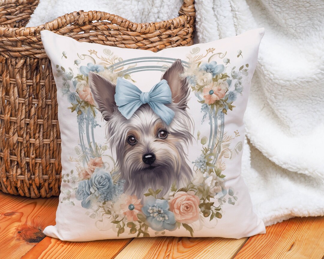 Yorkshire Terrier Pillow, Blue and Pink Floral Design, Perfect Gift for ...
