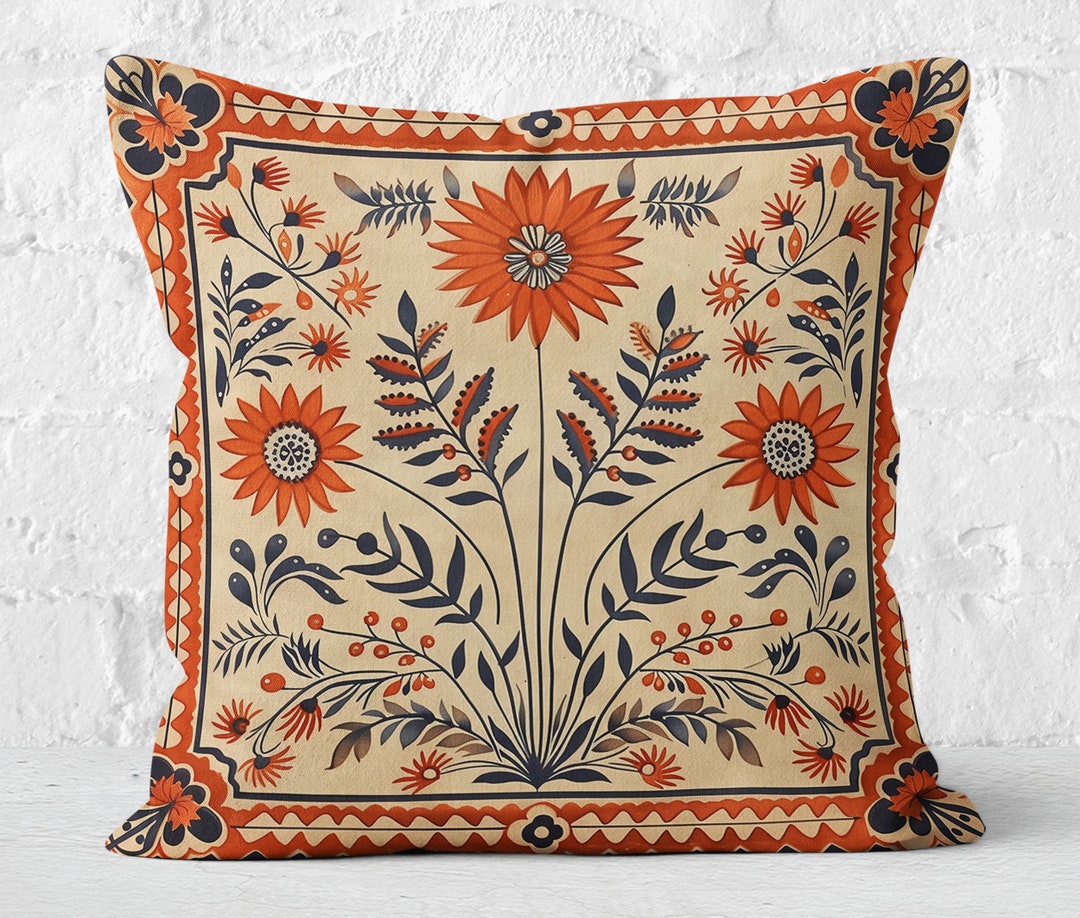 Terracotta Blossom Pillow Folk Art Floral Cushion, Scandinavian Rustic ...