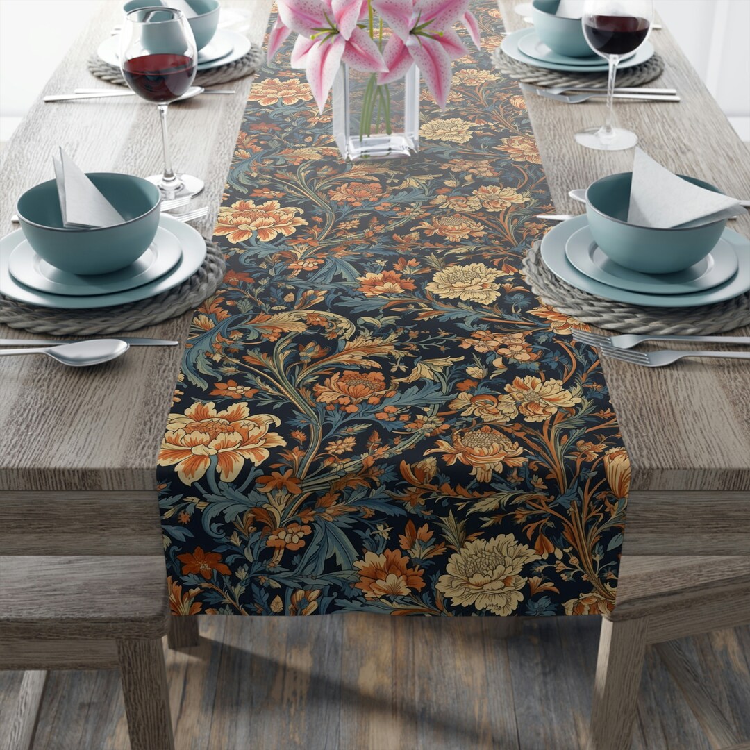 William Morris Style Table Runner, Indigo Blue & Apricot Orange Floral ...
