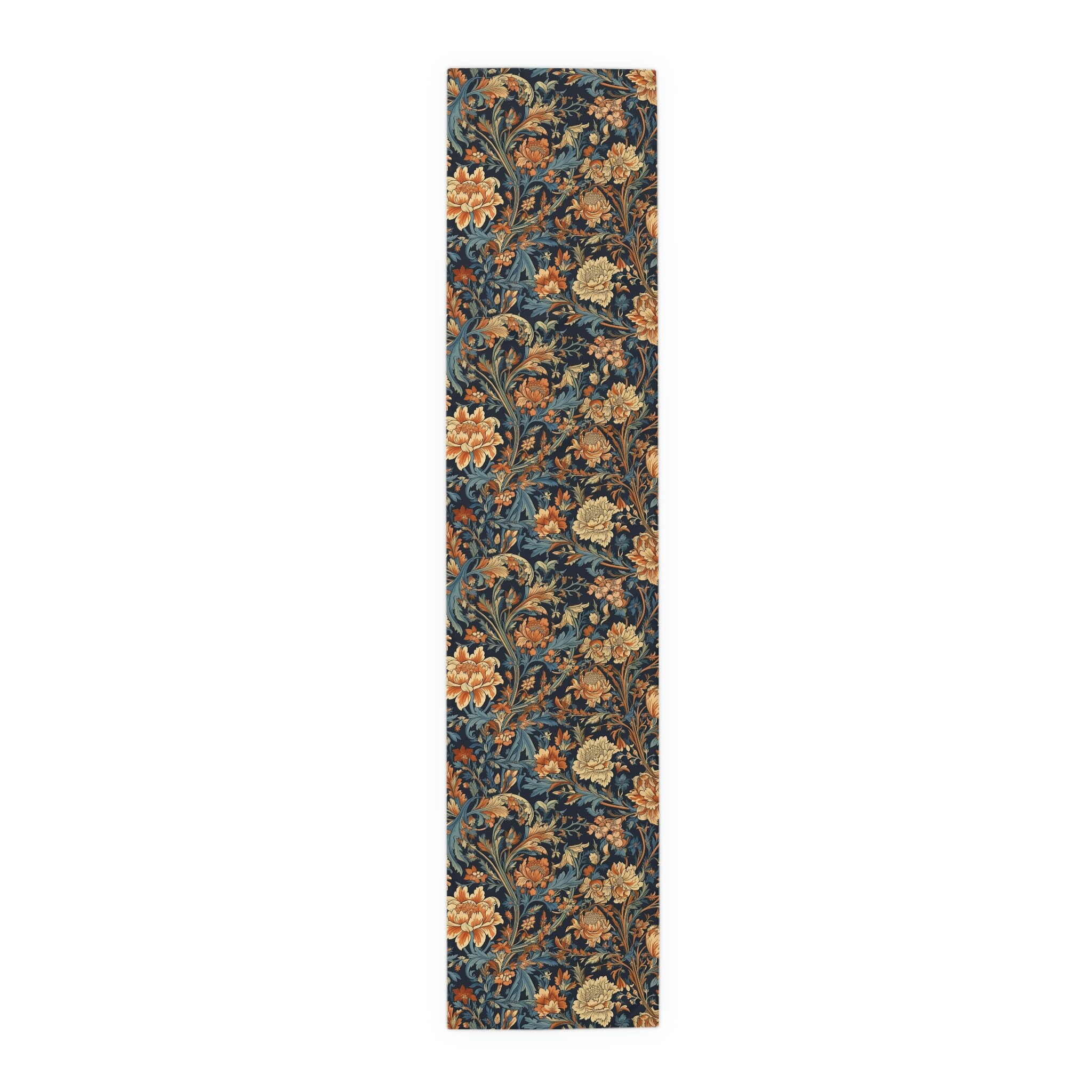 William Morris Style Table Runner, Indigo Blue & Apricot Orange Floral ...