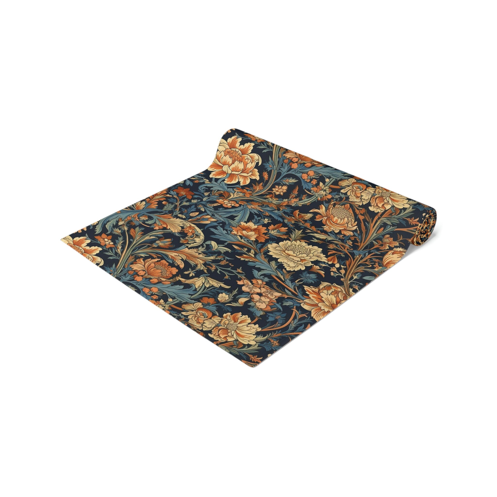 William Morris Style Table Runner, Indigo Blue & Apricot Orange Floral ...