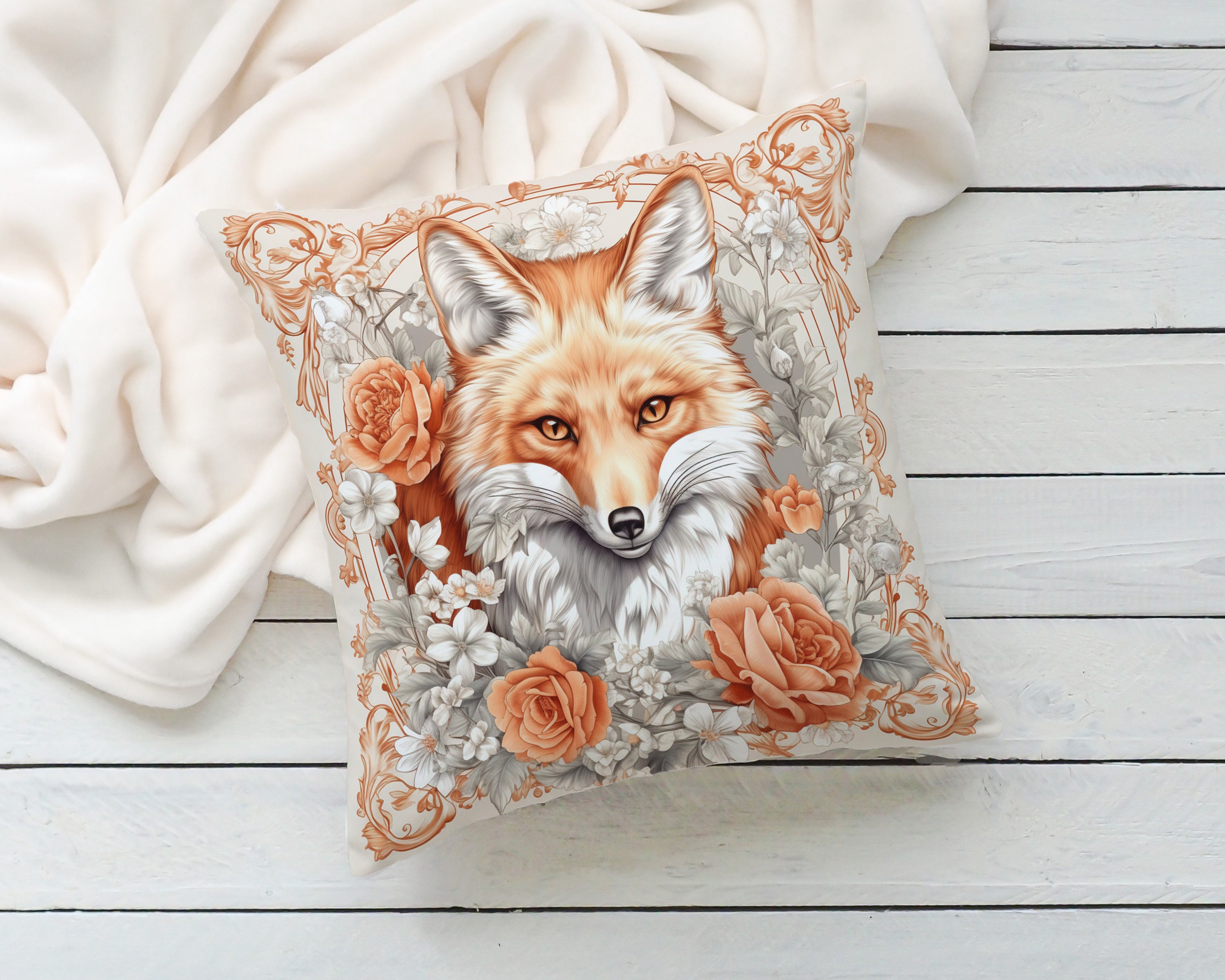 Red Fox Pillow William Morris Inspired, Orange Floral Theme, Fox Lovers ...