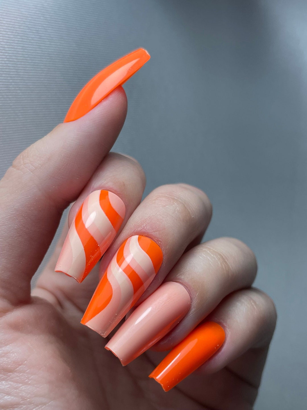 Orange Swirl Zesty Press on Nails Neon Summer Design High Quality Fake ...