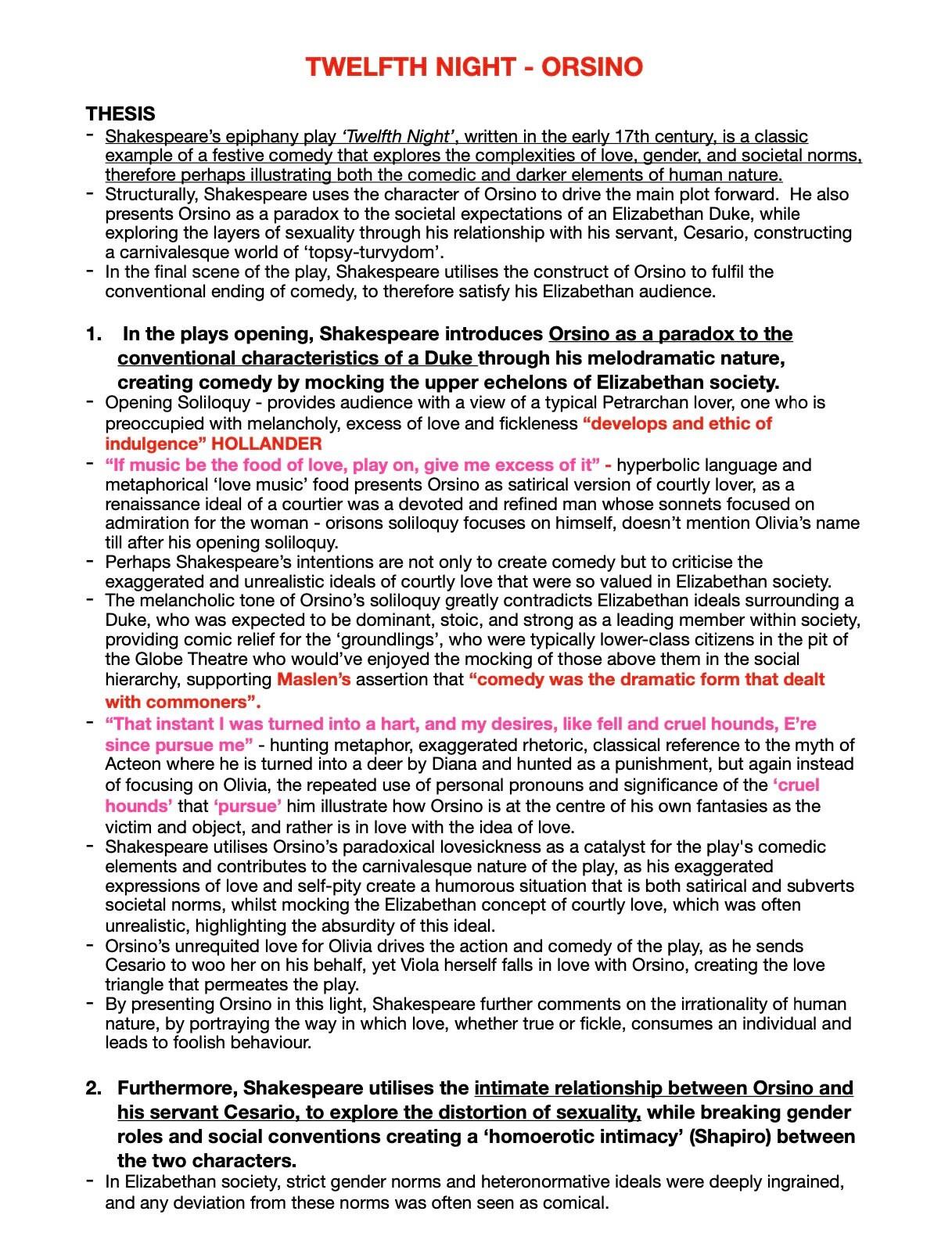 A* A Level English Lit Edexcel - Shakespeare Twelfth Night Essay Plans ...