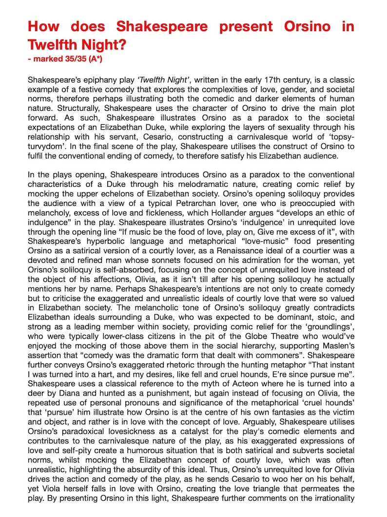 A* A Level English Lit Edexcel - Shakespeare Twelfth Night Essay Plans ...