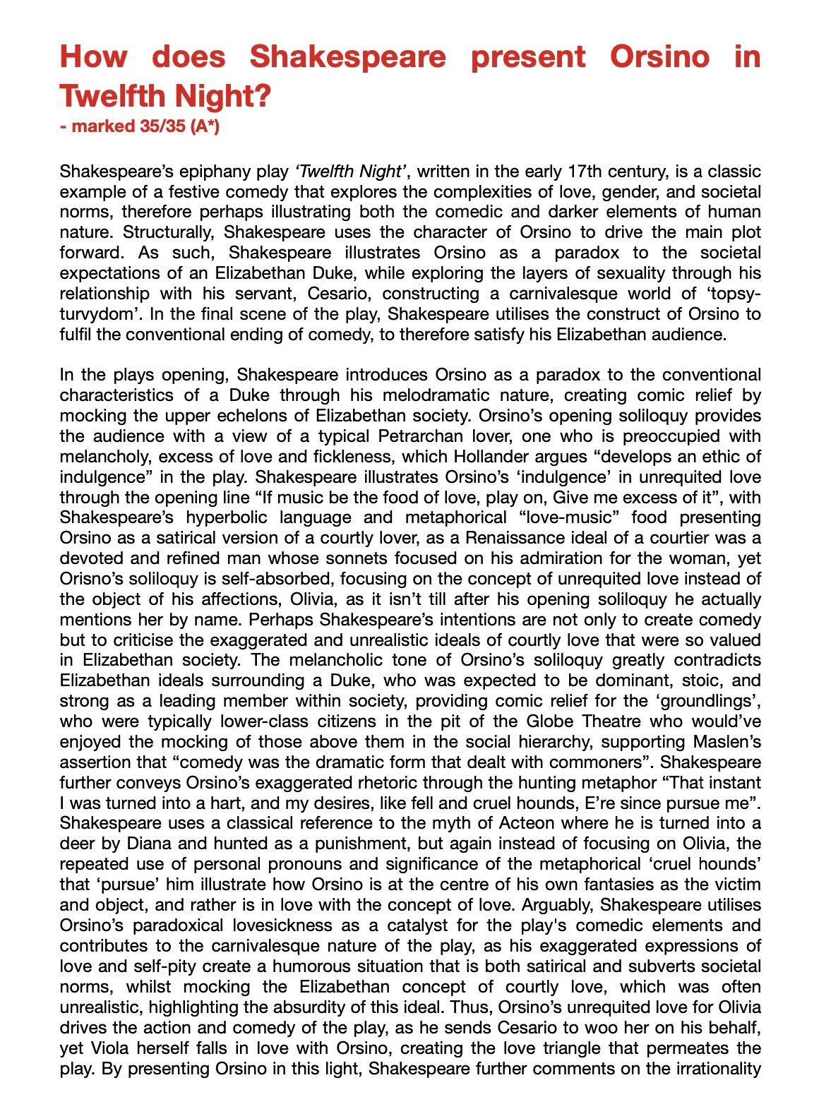 A* A Level English Lit Edexcel - Shakespeare Twelfth Night Essay Plans ...
