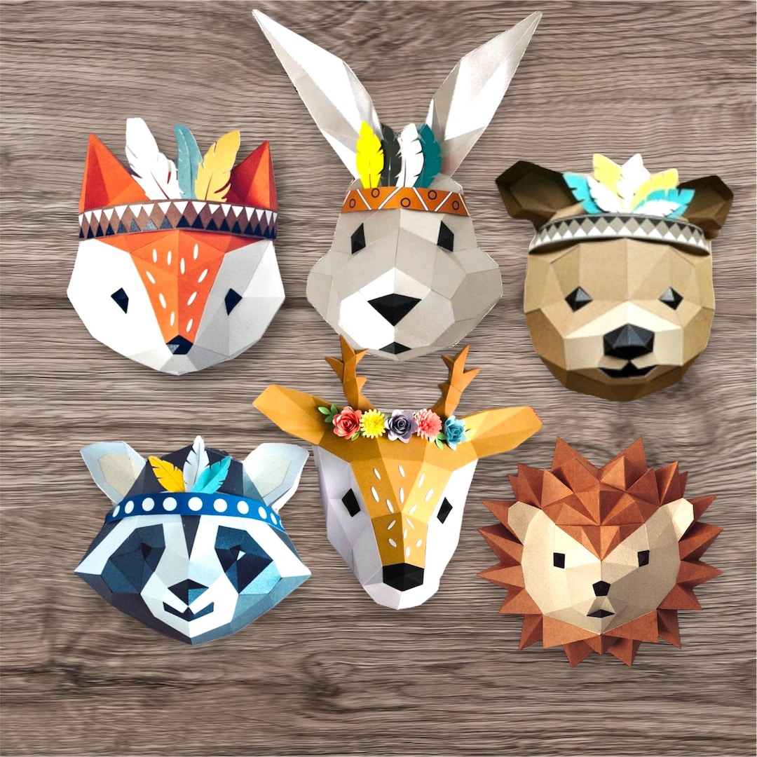 3D Animals Papercraft Set of 6 Aniamals - Hedgehog, Bunny, Raccoon, Fox ...