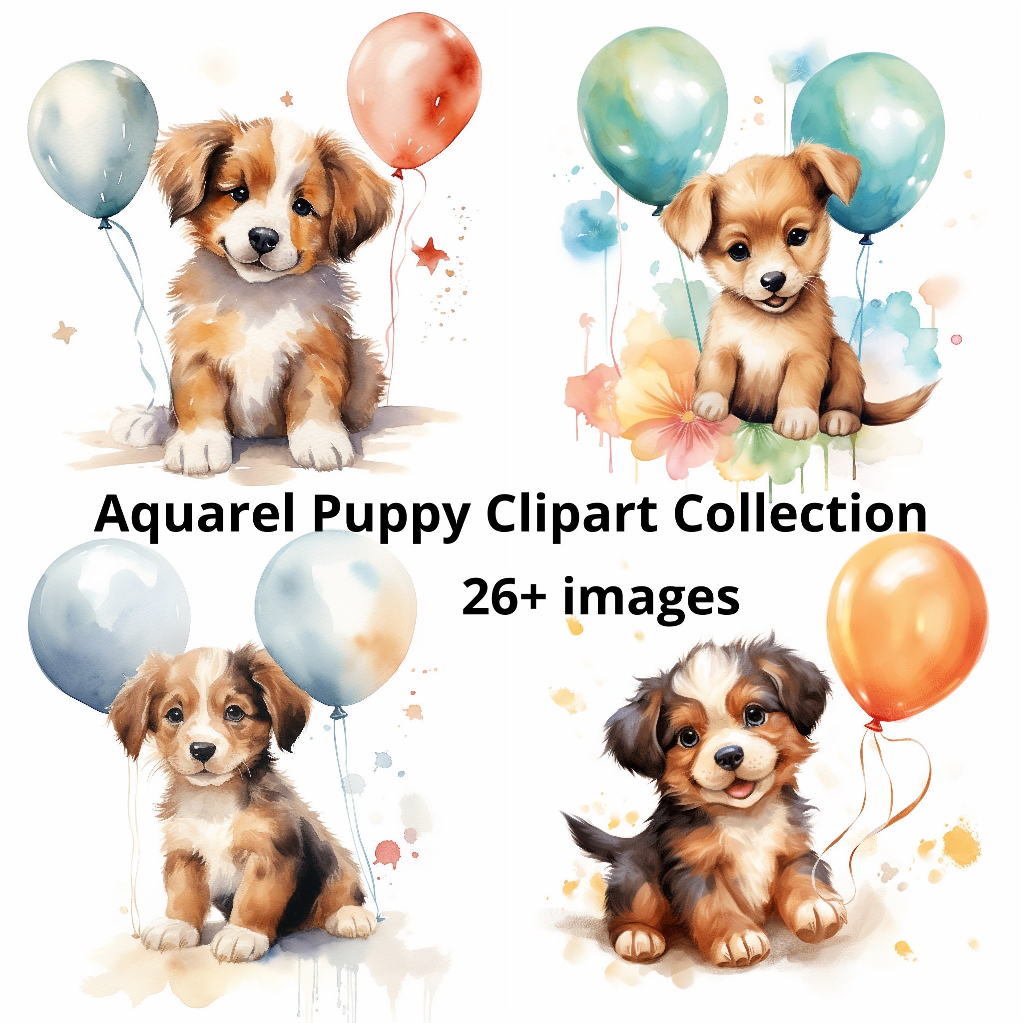 Watercolor Cute Puppy Collection, Clipart, 26 Images, High Resolution ...