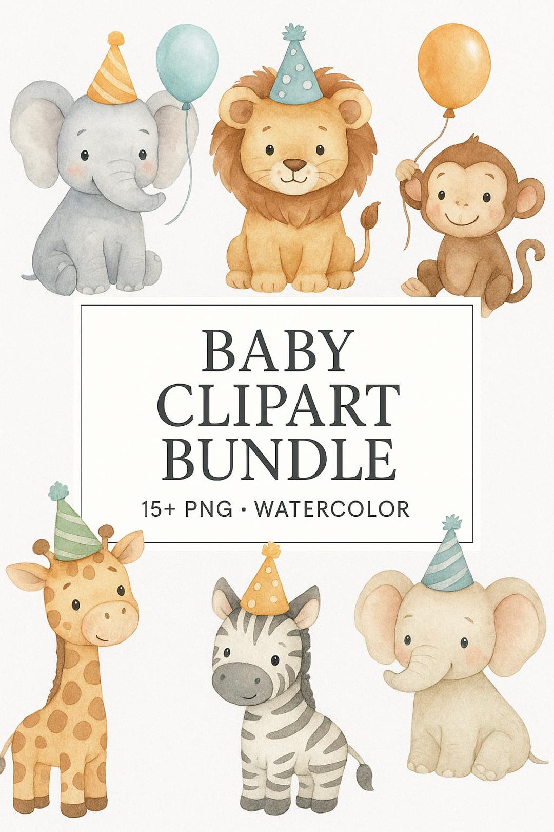 Baby Birthday Party Clipart, Safari Animals, 15+ PNG, Watercolor, Baby ...