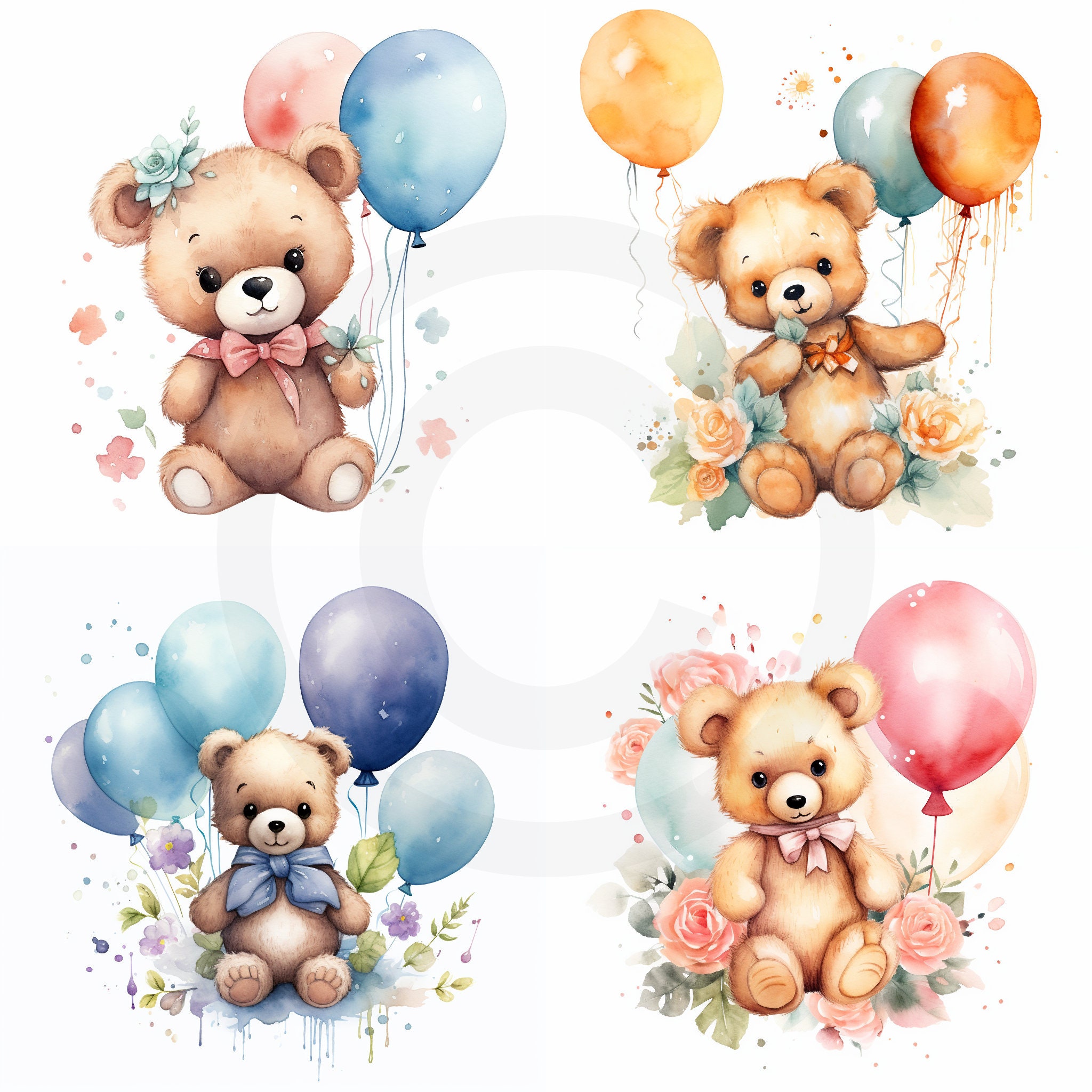 Watercolor Cute Teddy Bear Collection, Clipart, 55 Images, Teddy Bear ...