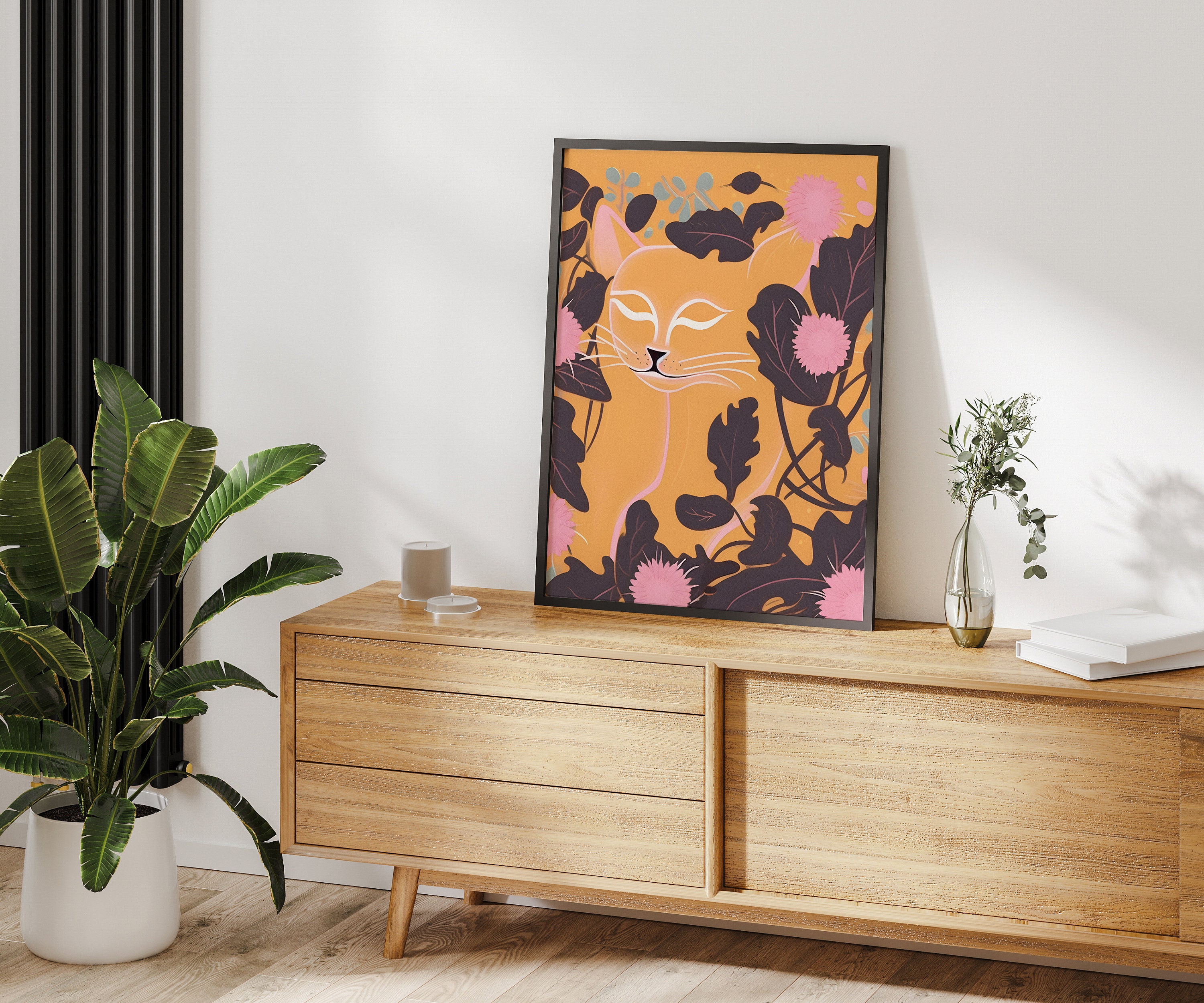 Cat Line Art Floral Print Poster, Cat Wall Art, Illustrated Cat Home ...