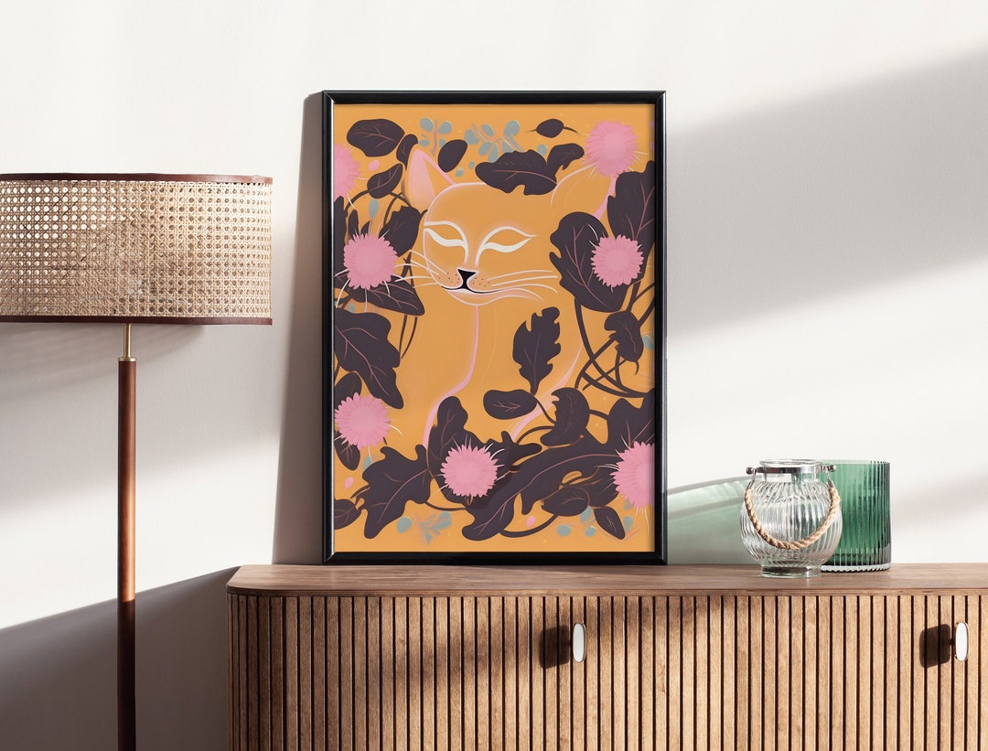 Cat Line Art Floral Print Poster, Cat Wall Art, Illustrated Cat Home ...
