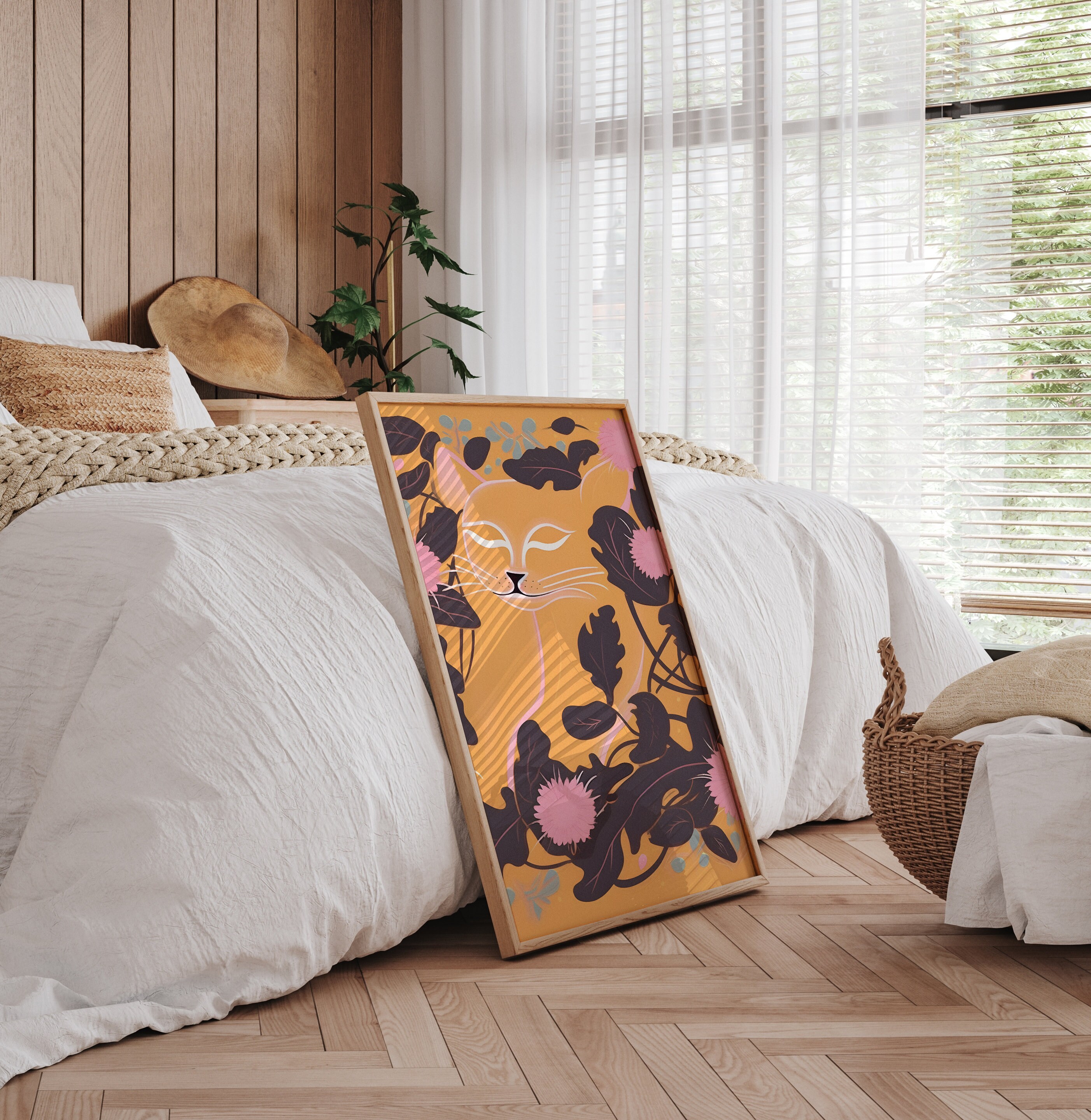 Cat Line Art Floral Print Poster, Cat Wall Art, Illustrated Cat Home ...