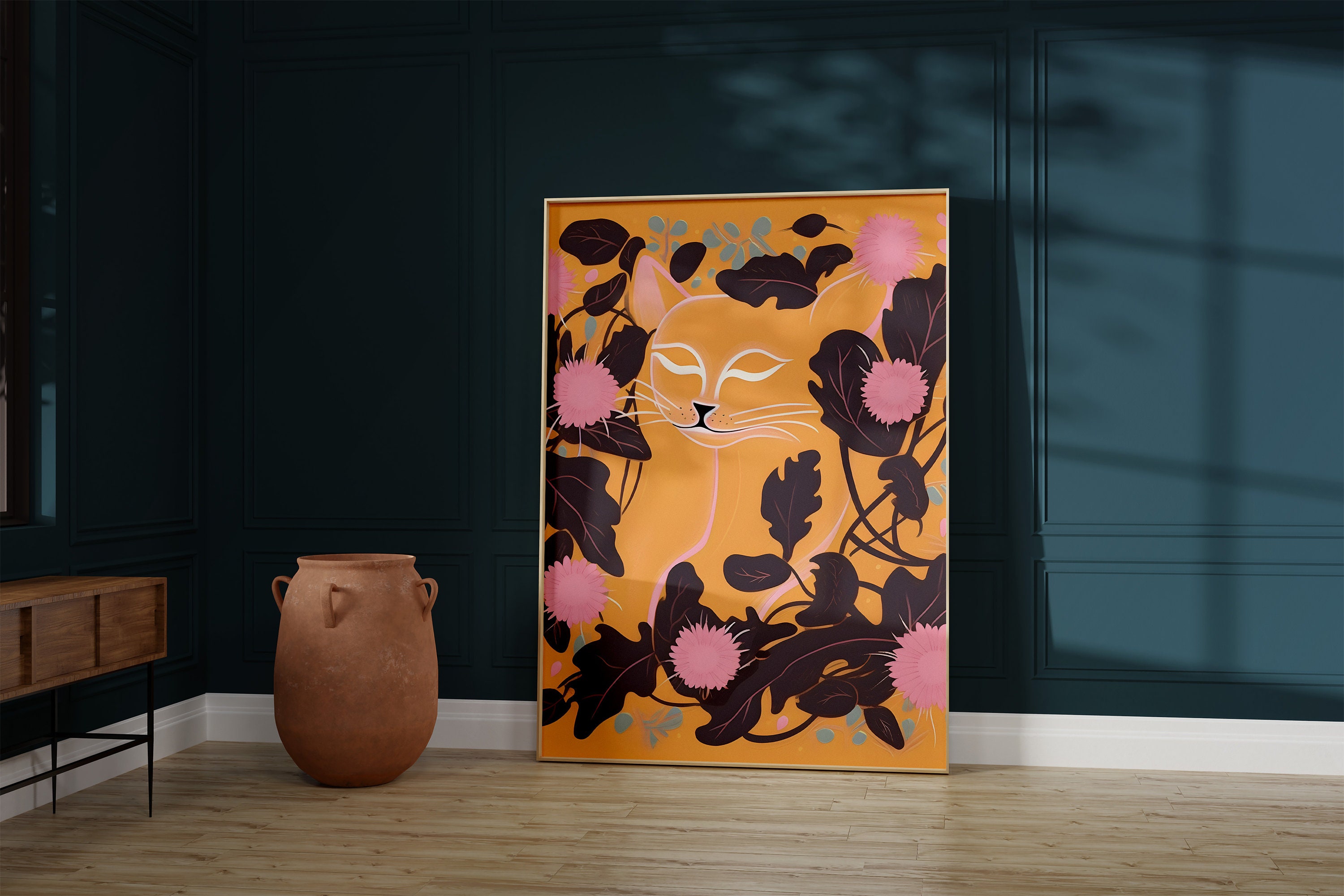 Cat Line Art Floral Print Poster, Cat Wall Art, Illustrated Cat Home ...