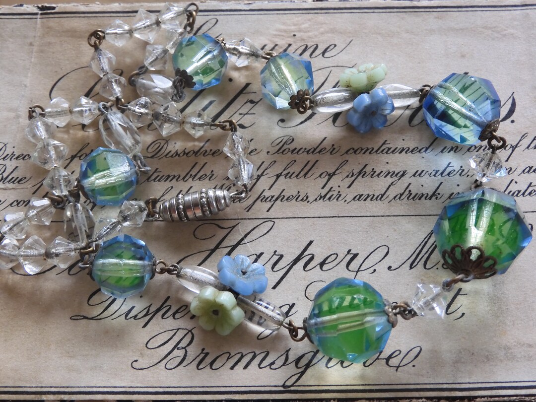 Stunning Antique Art Deco Blue Green Austrian Crystal Bead Necklace ...