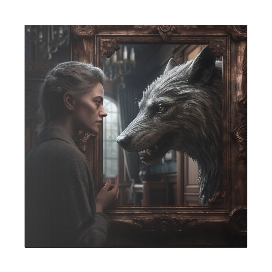 Wolf Spirit Animal Mirror Reflection Canvas Art Elderly Woman With ...