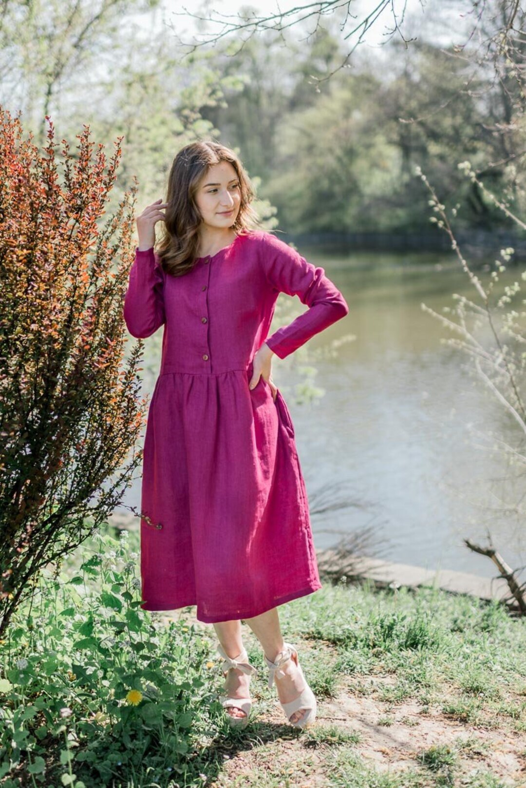Modest Linen Dress Mid Length Classic Fit Work Elegant Outfit Vegan ...