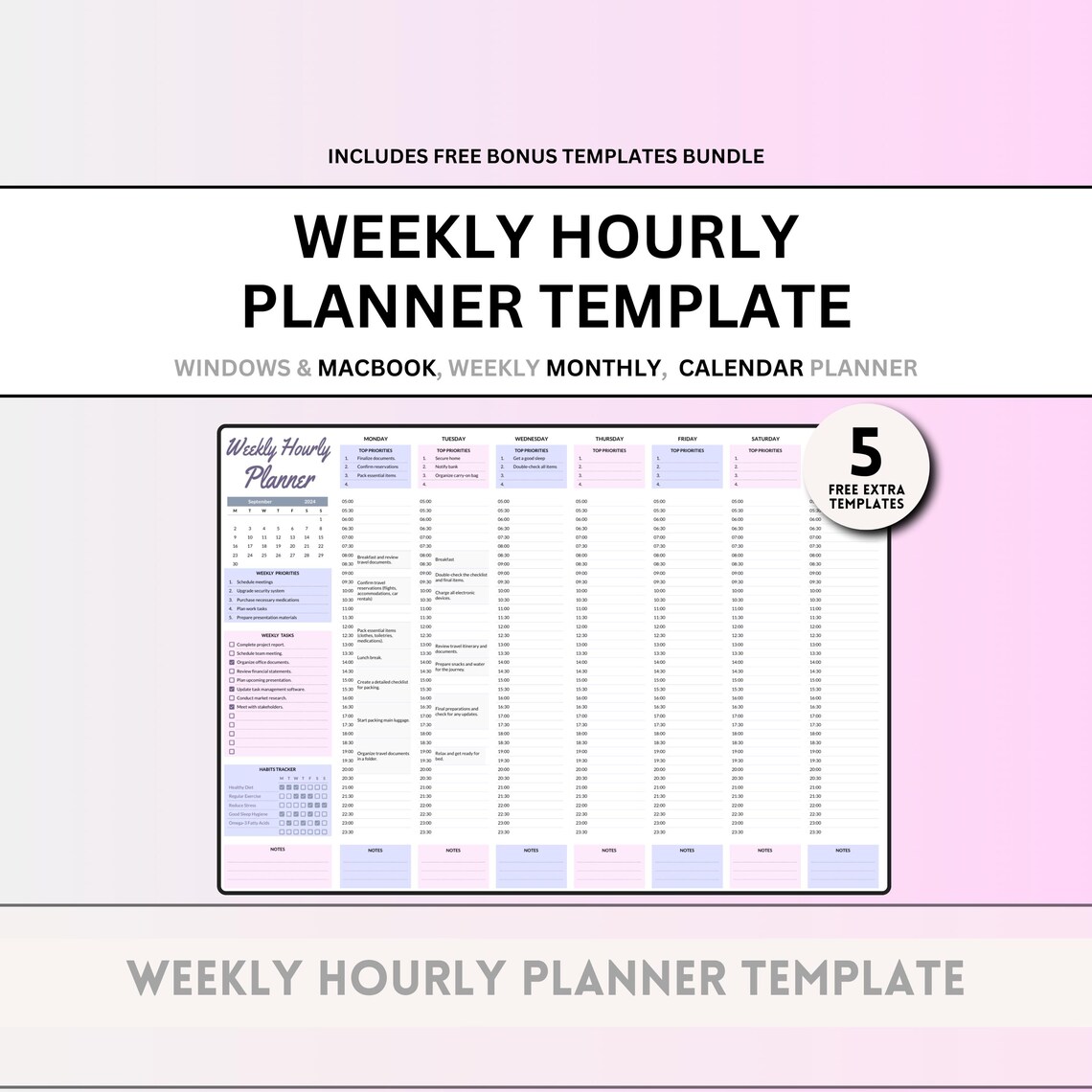 EDITABLE Weekly Hourly Planner, Weekly Schedule, Daily Planner, Undated ...