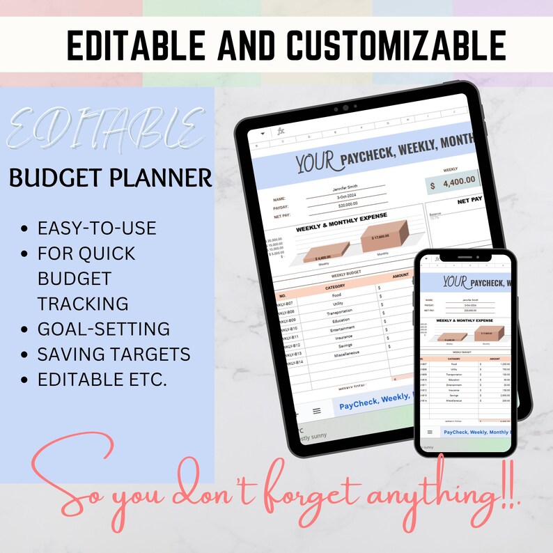 Editable Monthly Budget Spreadsheet Google Sheets & Excel Budget ...