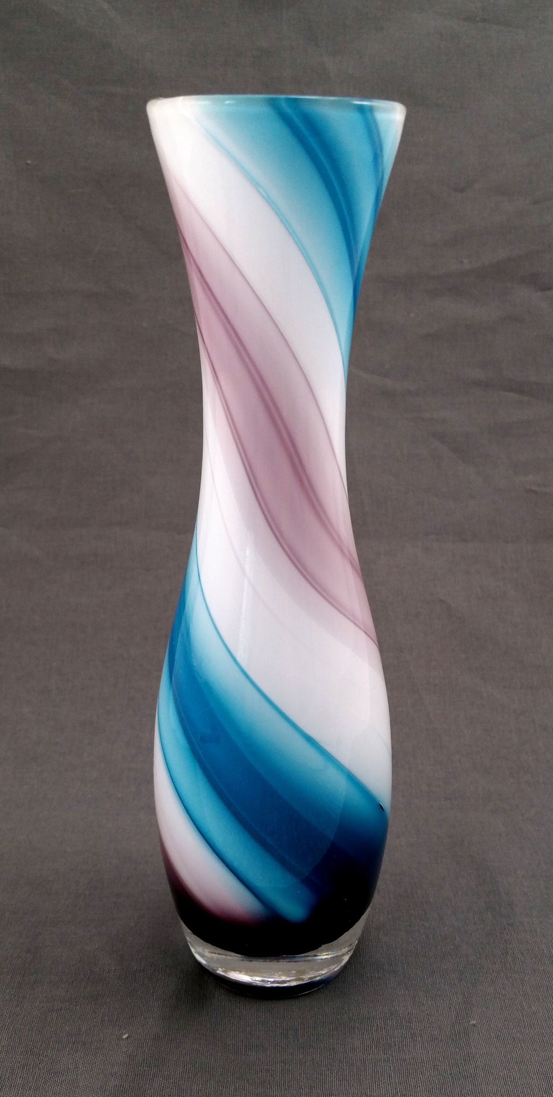Nasco Japanese Hand Blown Glass Bud Vase Blue Purple and White Striped ...